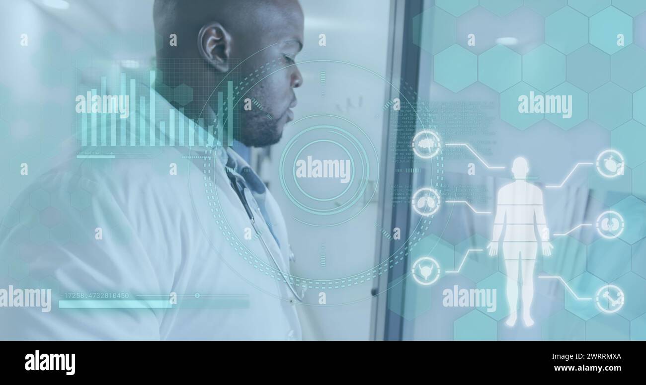 Image of medical data processing over african american male doctor ...
