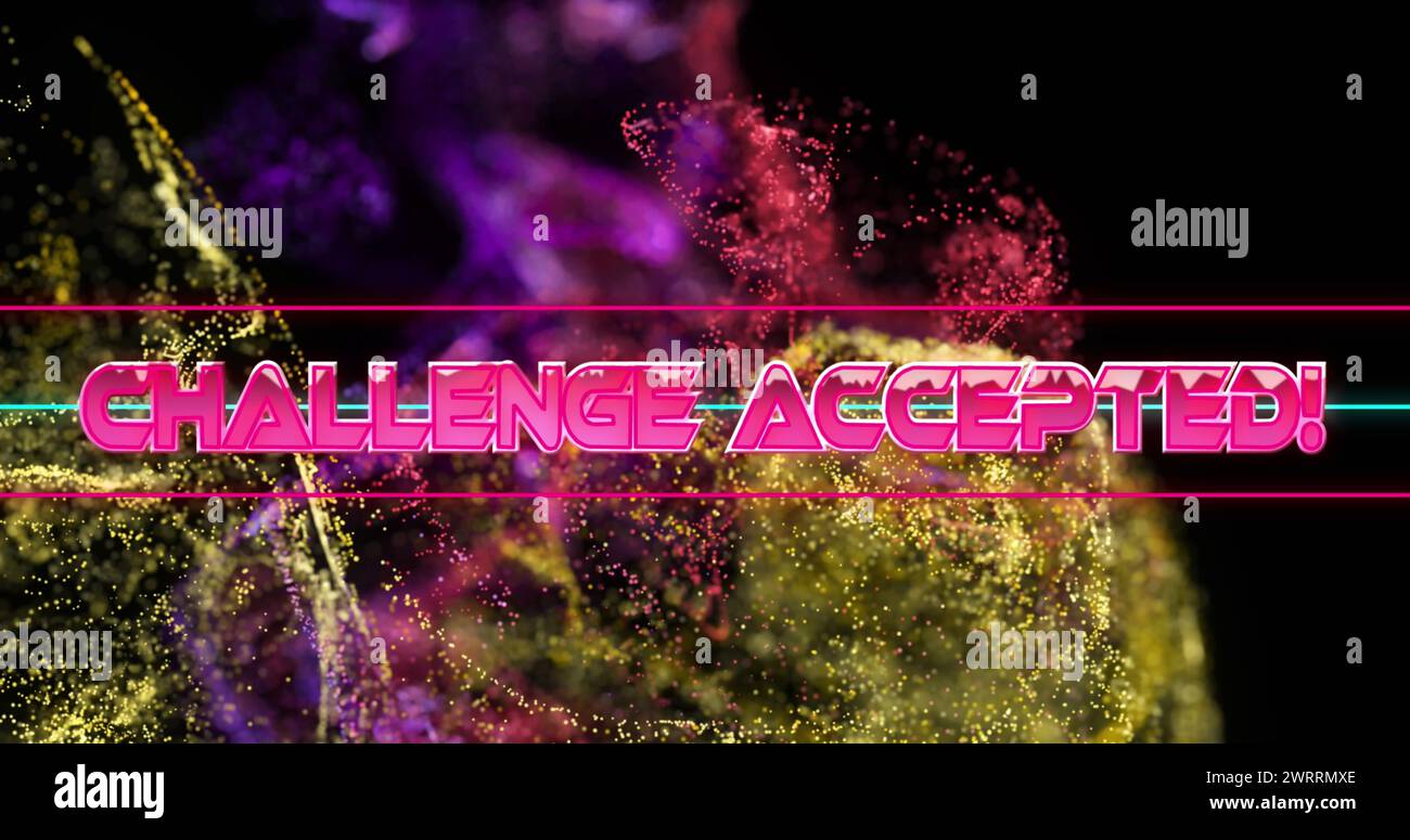 Image of challenge accepted text over purple and golden digital waves ...