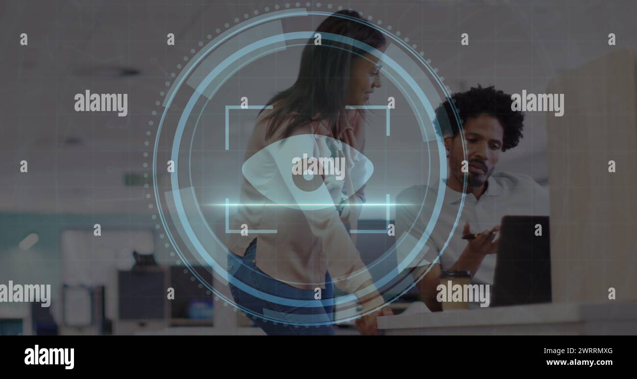 Image of scope scanning with cyber security text over diverse business people working at office ...