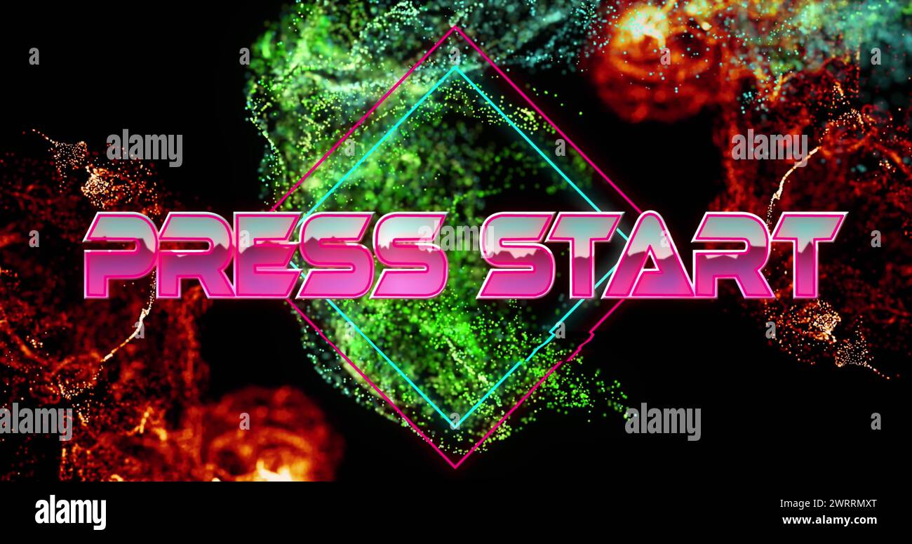 Image of press start text banner over digital waves against black ...