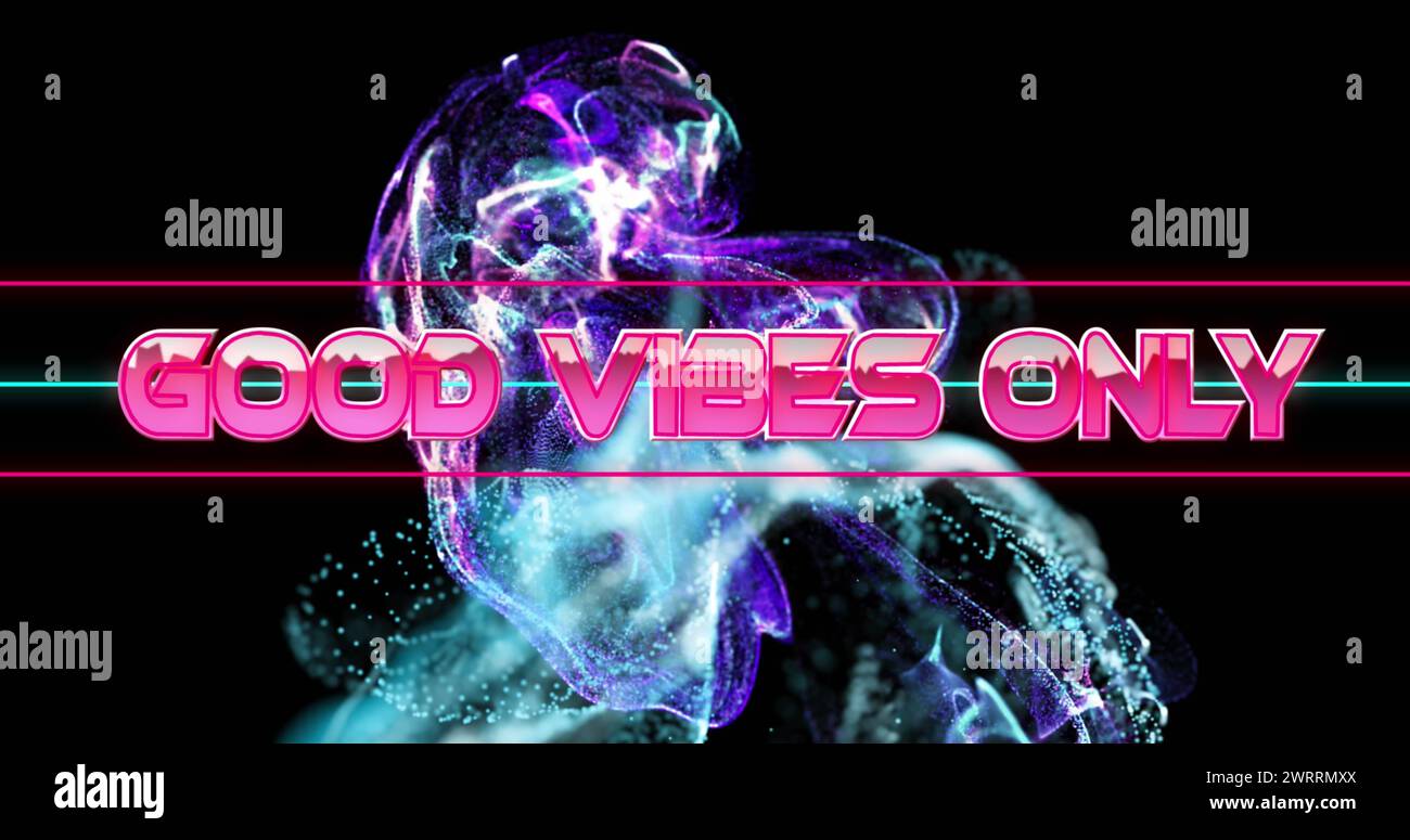 Image of good vibes only text banner over glowing purple digital waves ...