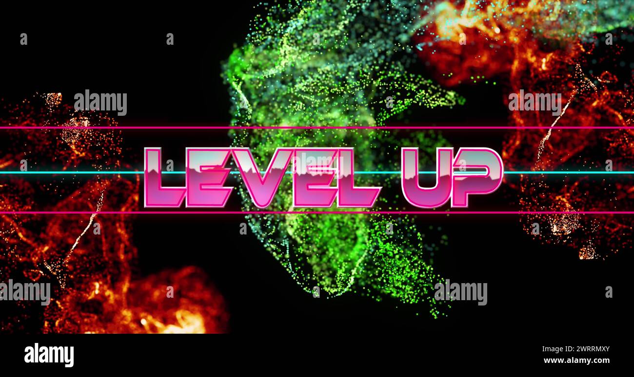Image of level up text banner over digital waves against black ...