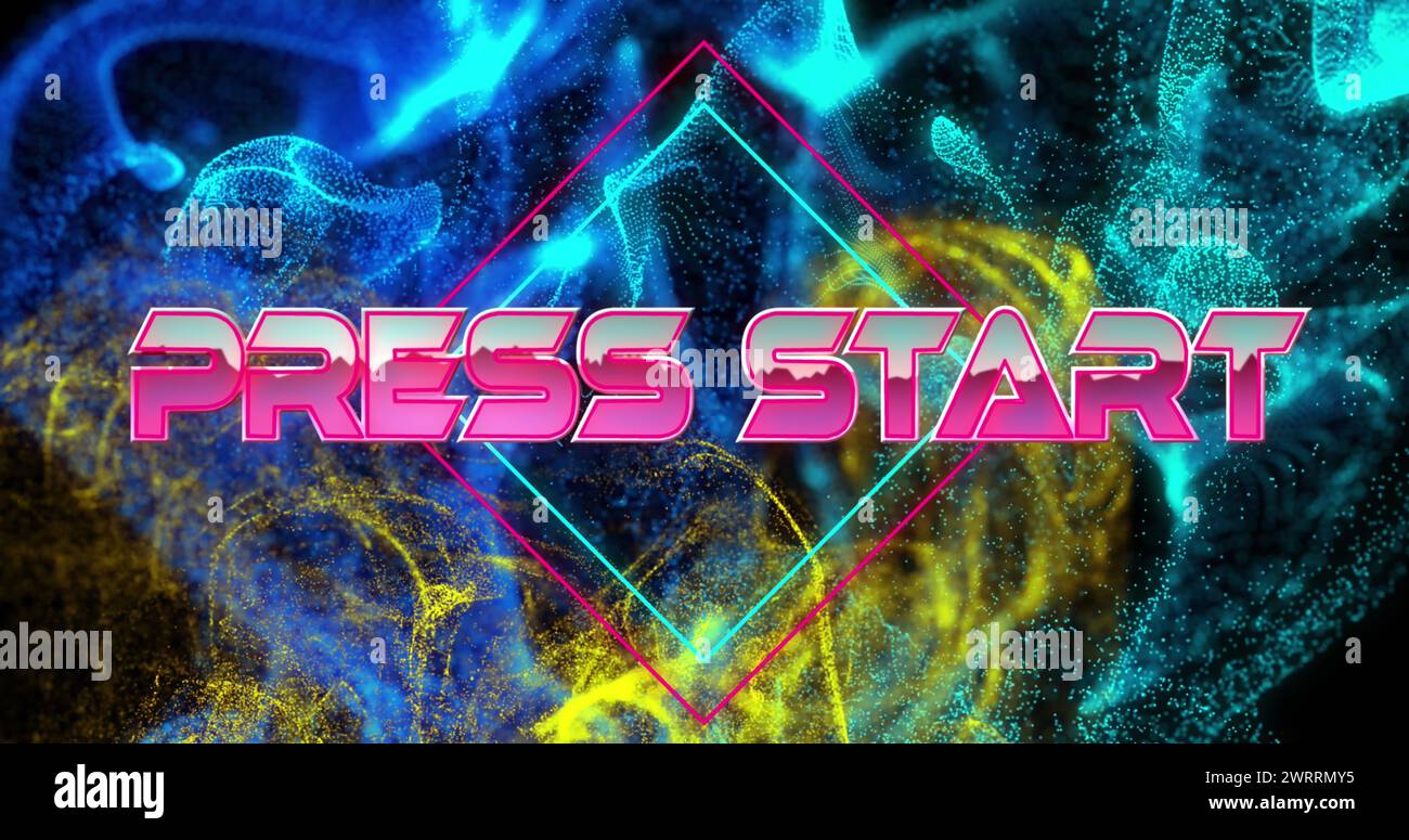 Image of press start text banner over blue and golden glowing digital ...