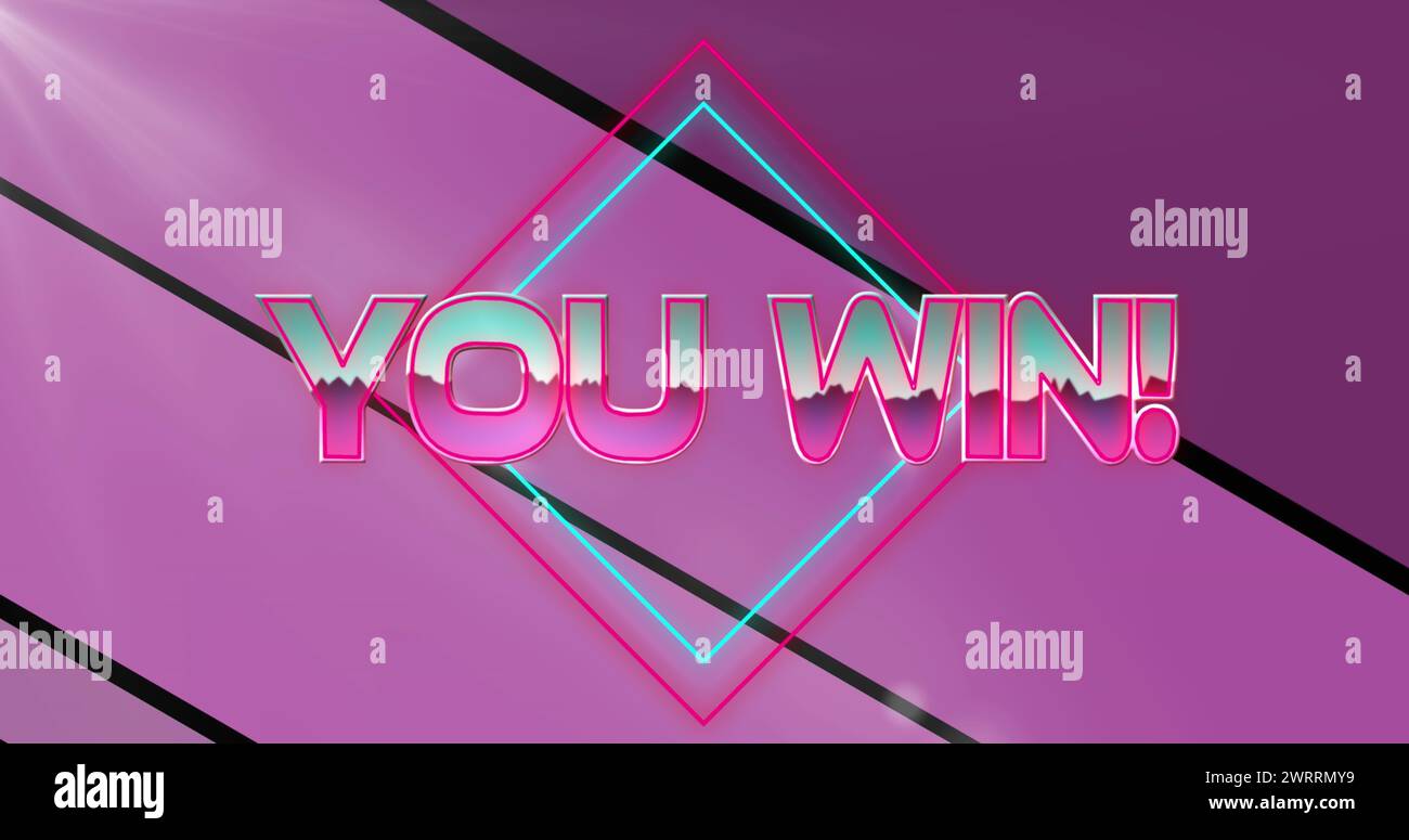 Image of you win text over neon banner against striped pattern purple ...