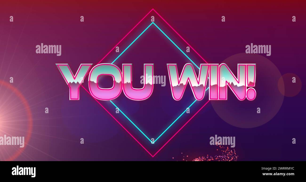 Image of you win text banner over digital waves and light spot against ...
