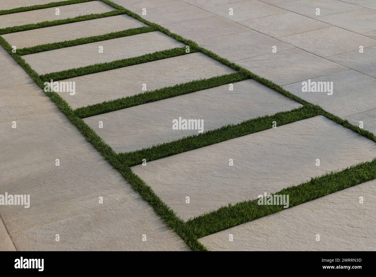 strips of green synthetic grass like real between stone tiles creating ...