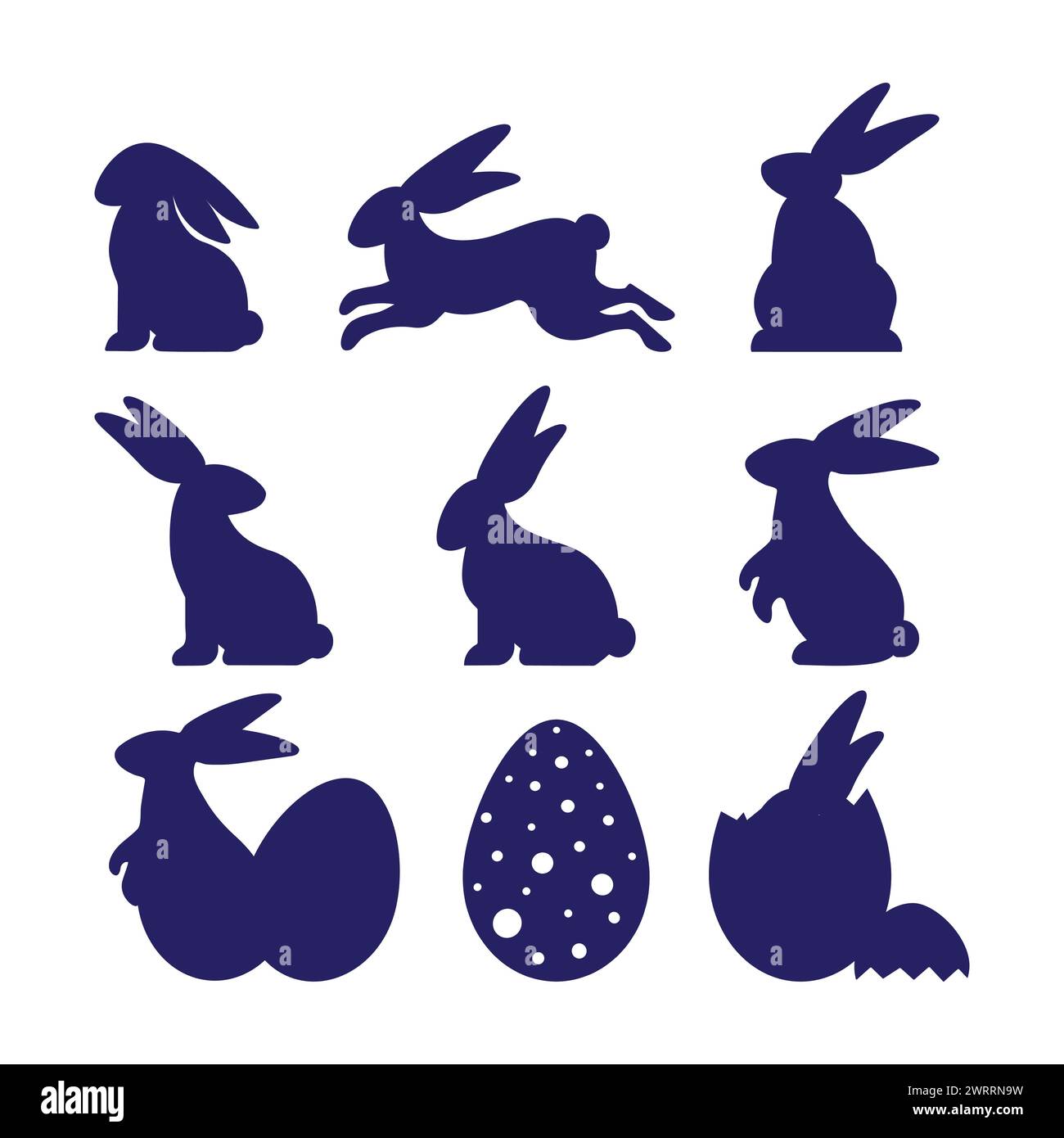 Easter rabbits with eggs silhouette. Running, looking up and standing ...