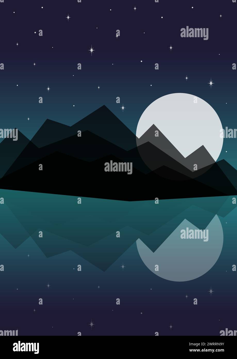 Minimalist aesthetic night mountains landscape. Nordic midnight, fjord ...