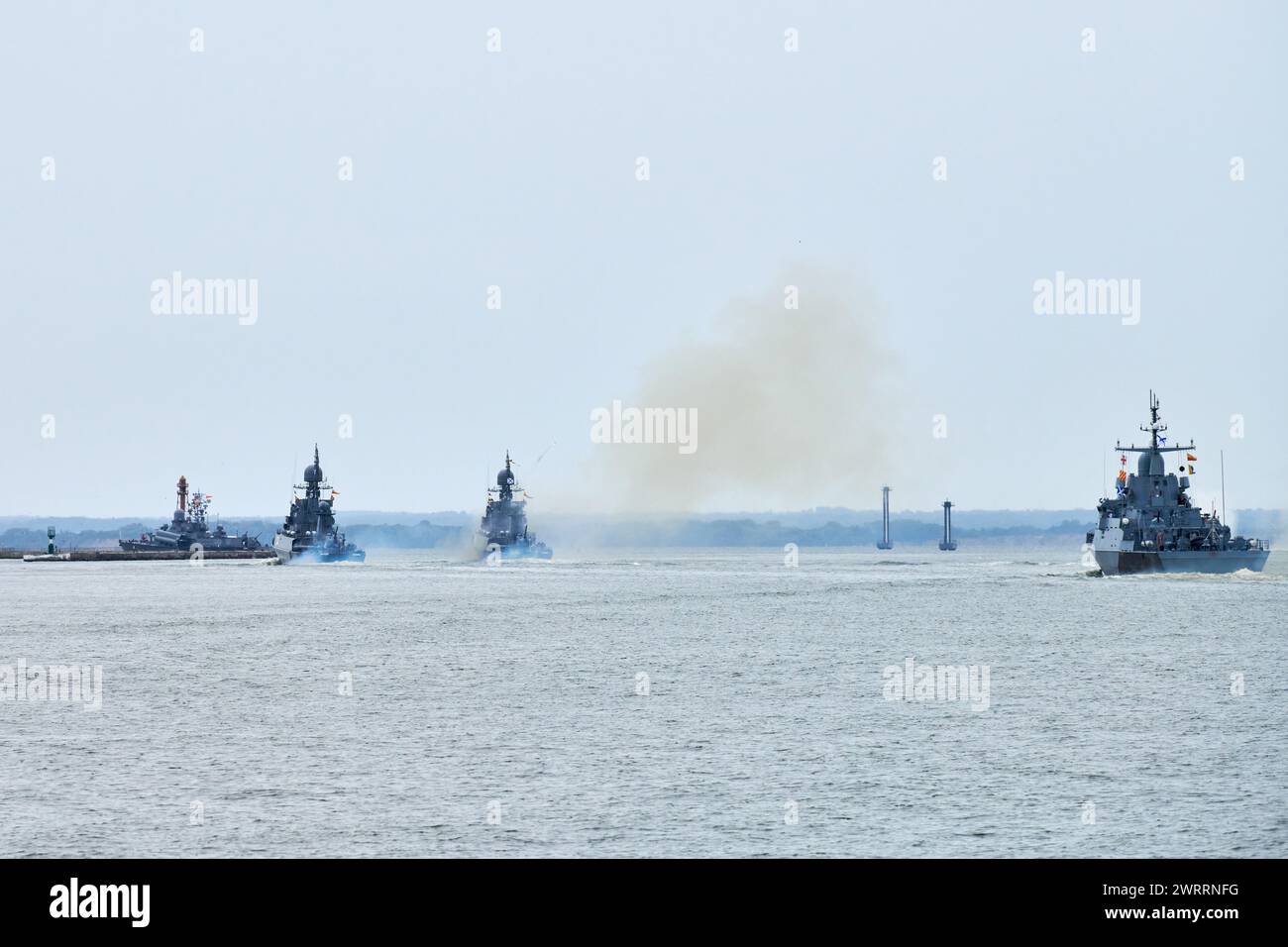 Flotilla of Russian warships sailing toward military target, armed ...