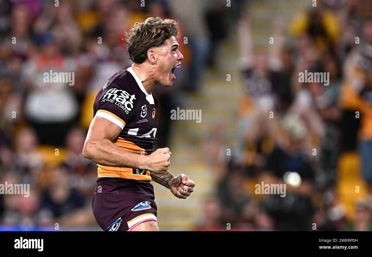 Brisbane, Australia. 14th Mar, 2024. Reece Walsh of the Broncos reacts ...