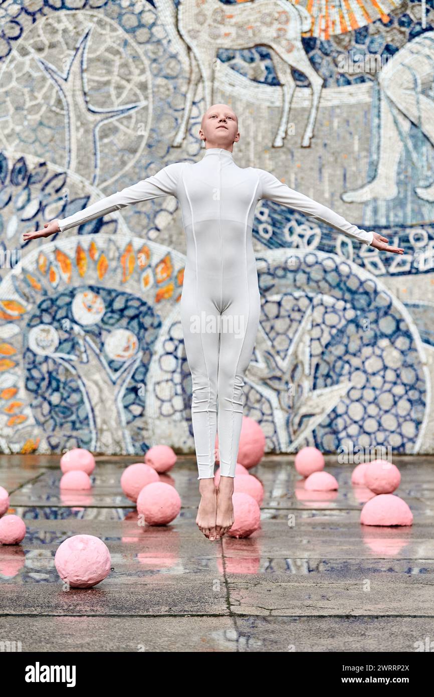 Young hairless girl ballerina with alopecia in white futuristic suit ...