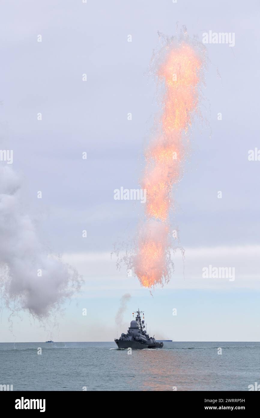 Russian warship fired decoy flares for self defense, sailing at sea ...