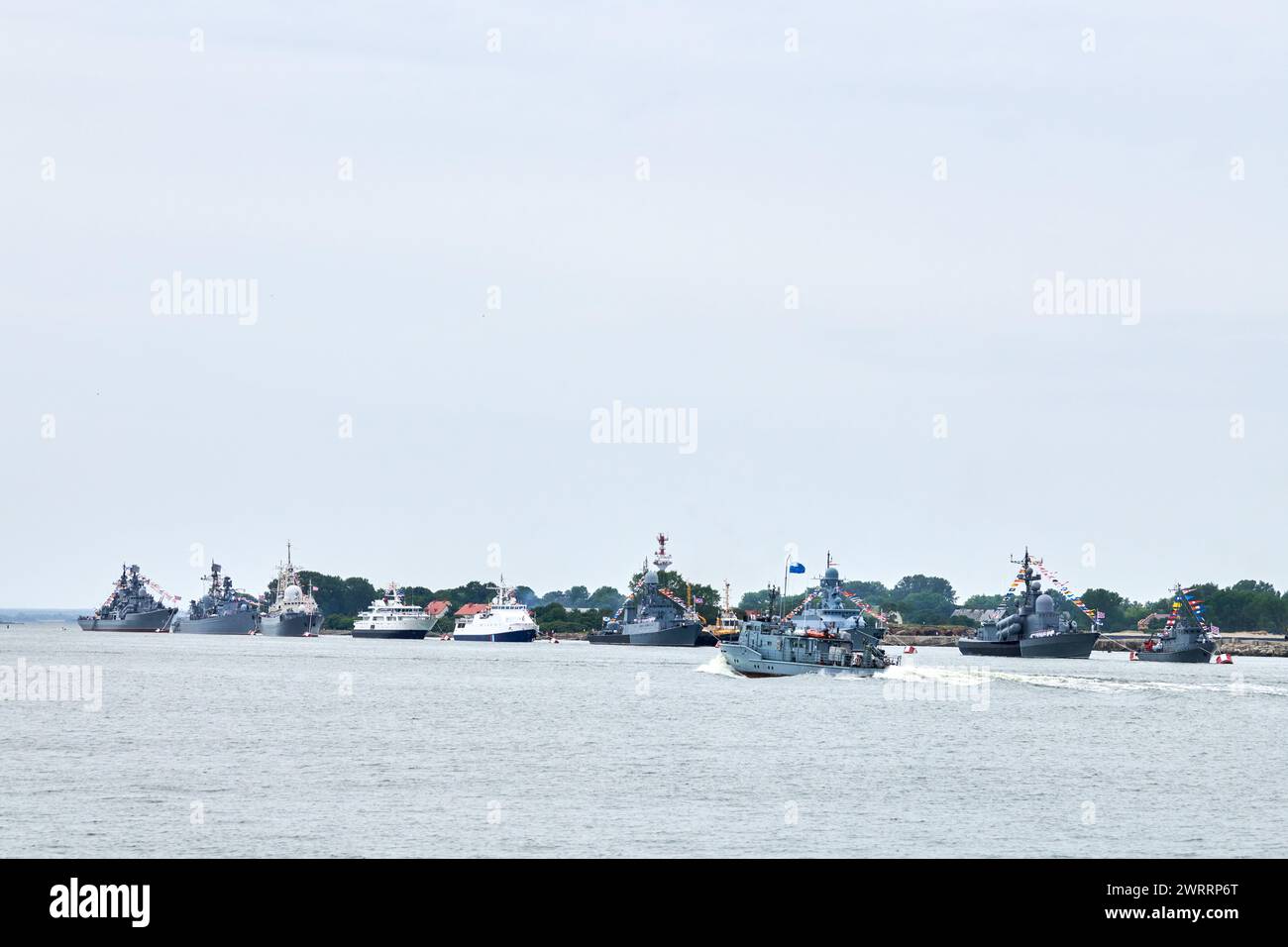 Military warship sailing along Russian naval forces parade warships ...