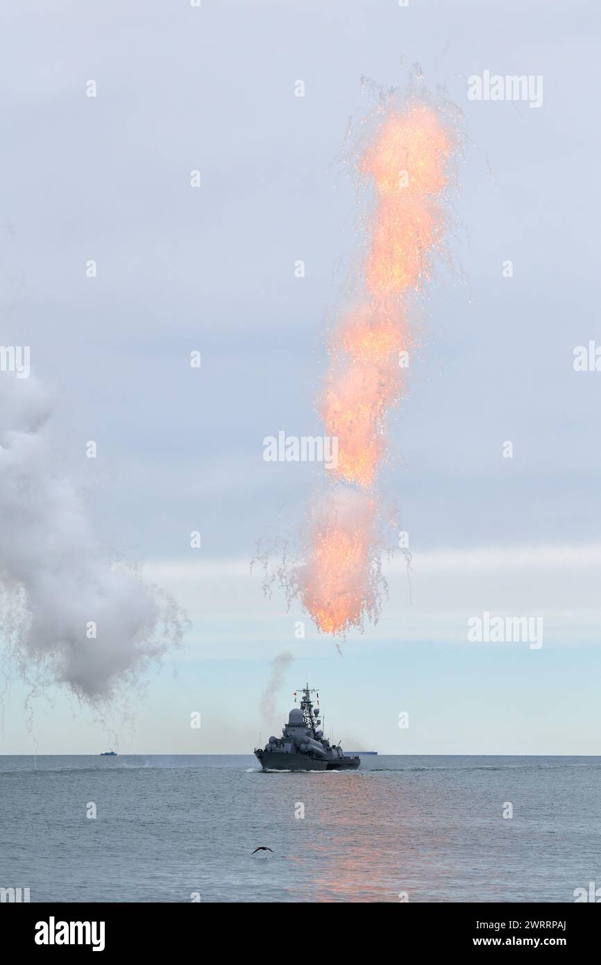 Russian warship fired decoy flares for self defense, sailing at sea ...