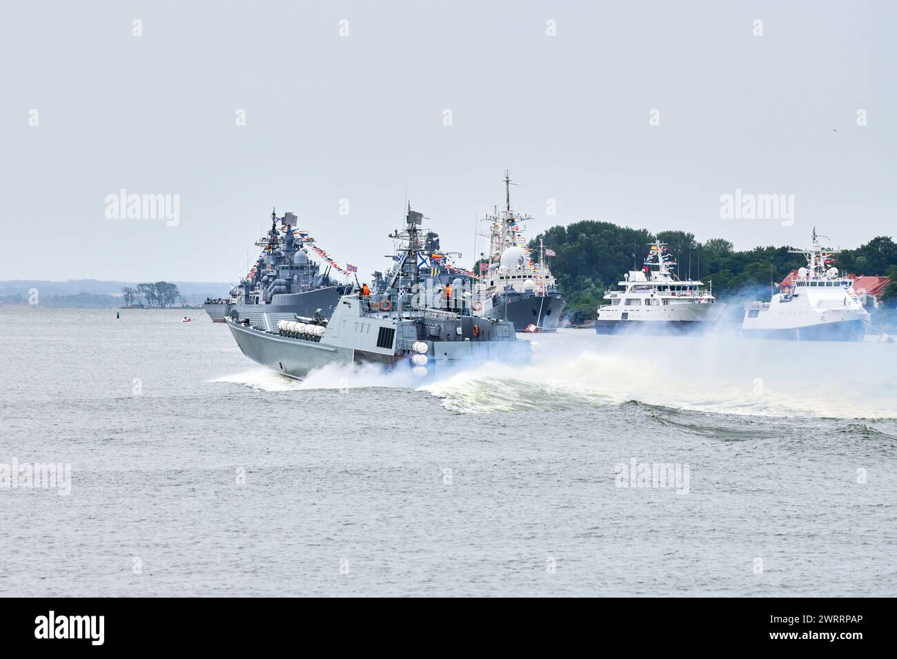 Military warship sailing along Russian naval forces parade warships ...