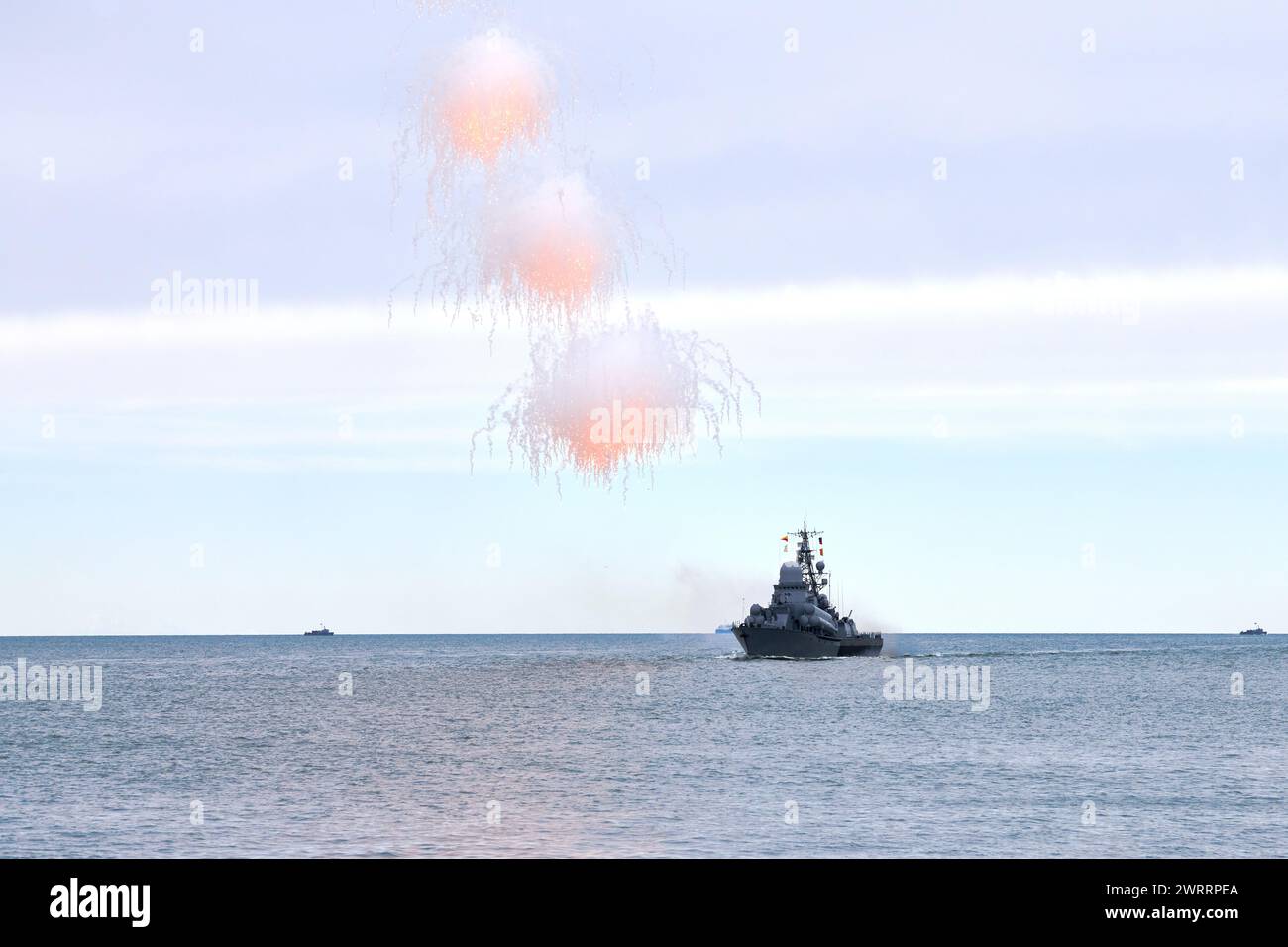 Russian warship fired decoy flares for self defense, sailing at sea ...