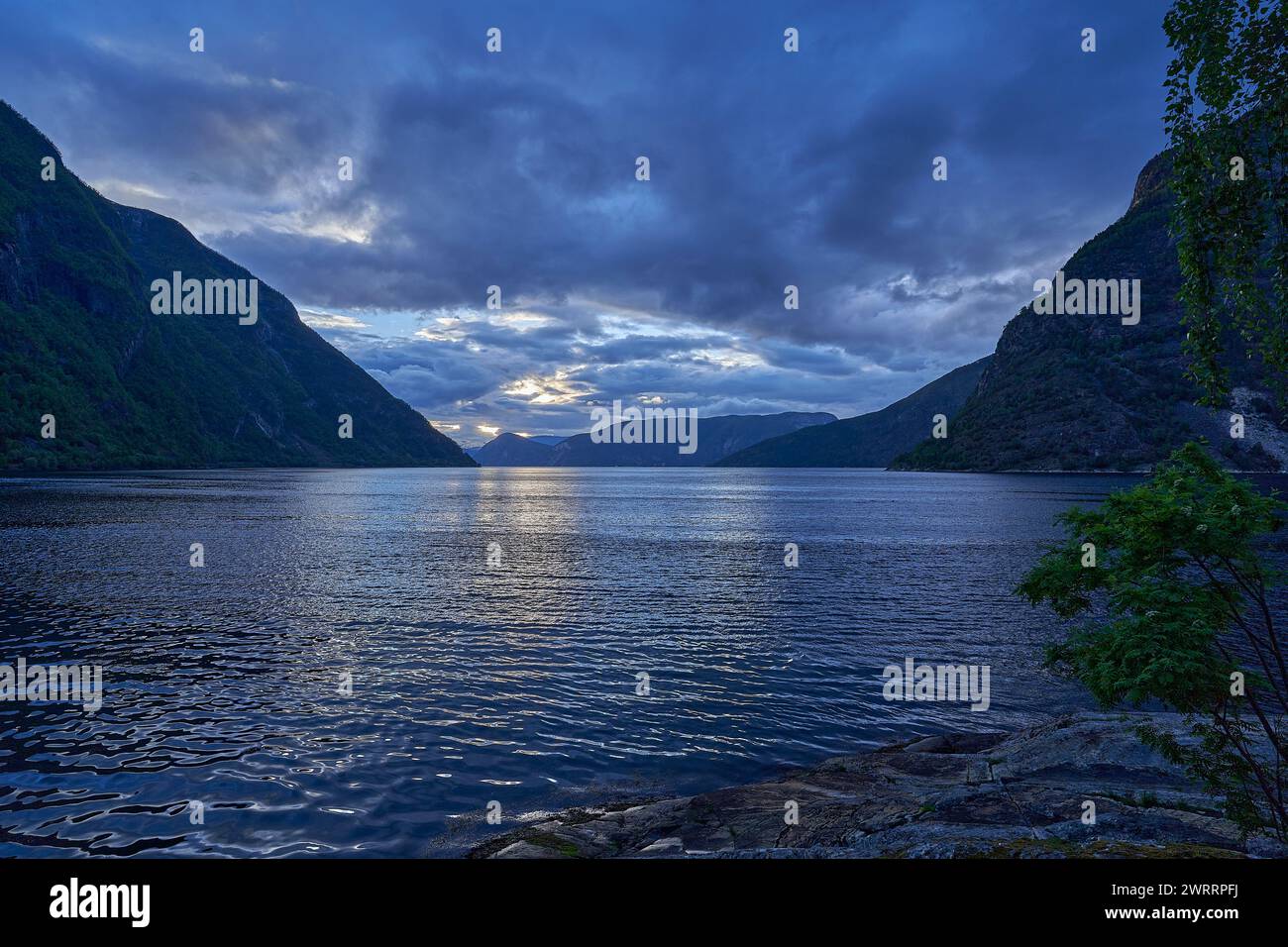 beautiful tranquil landscape at the beach of Hardanger fjord with calm ...