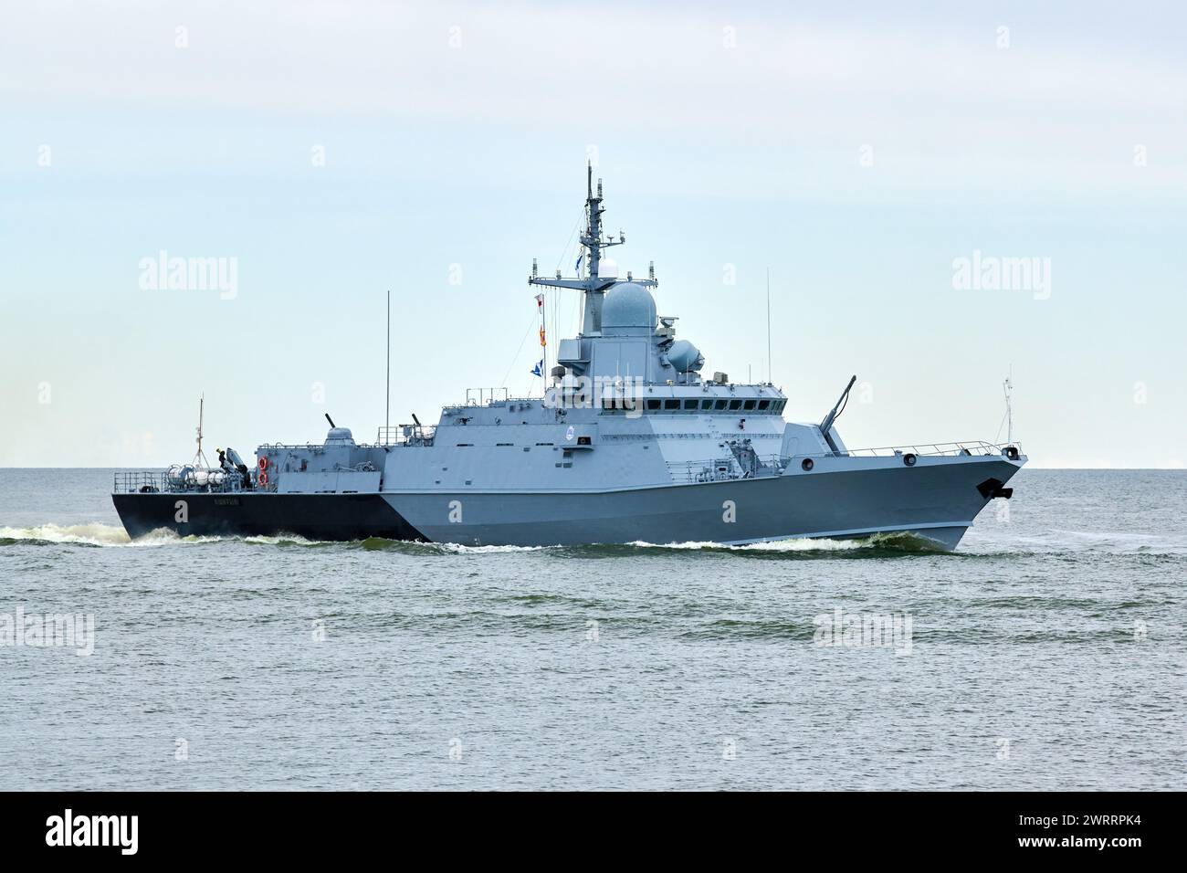Russian warship armed with armament sails into sea toward military ...