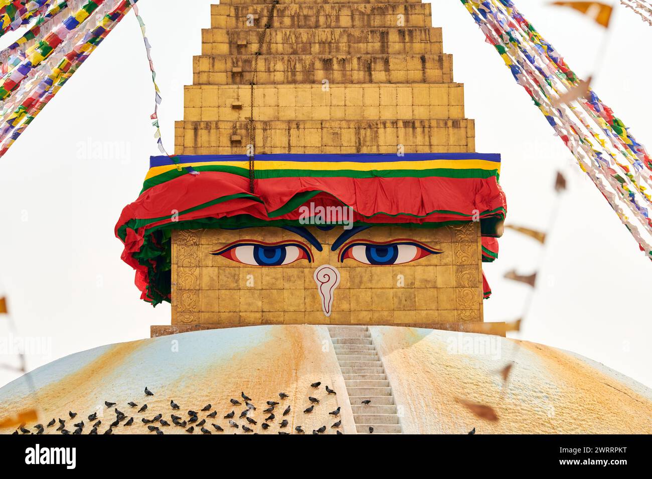 Boudhanath stupa in Kathmandu, Nepal decorated Buddha wisdom eyes and ...