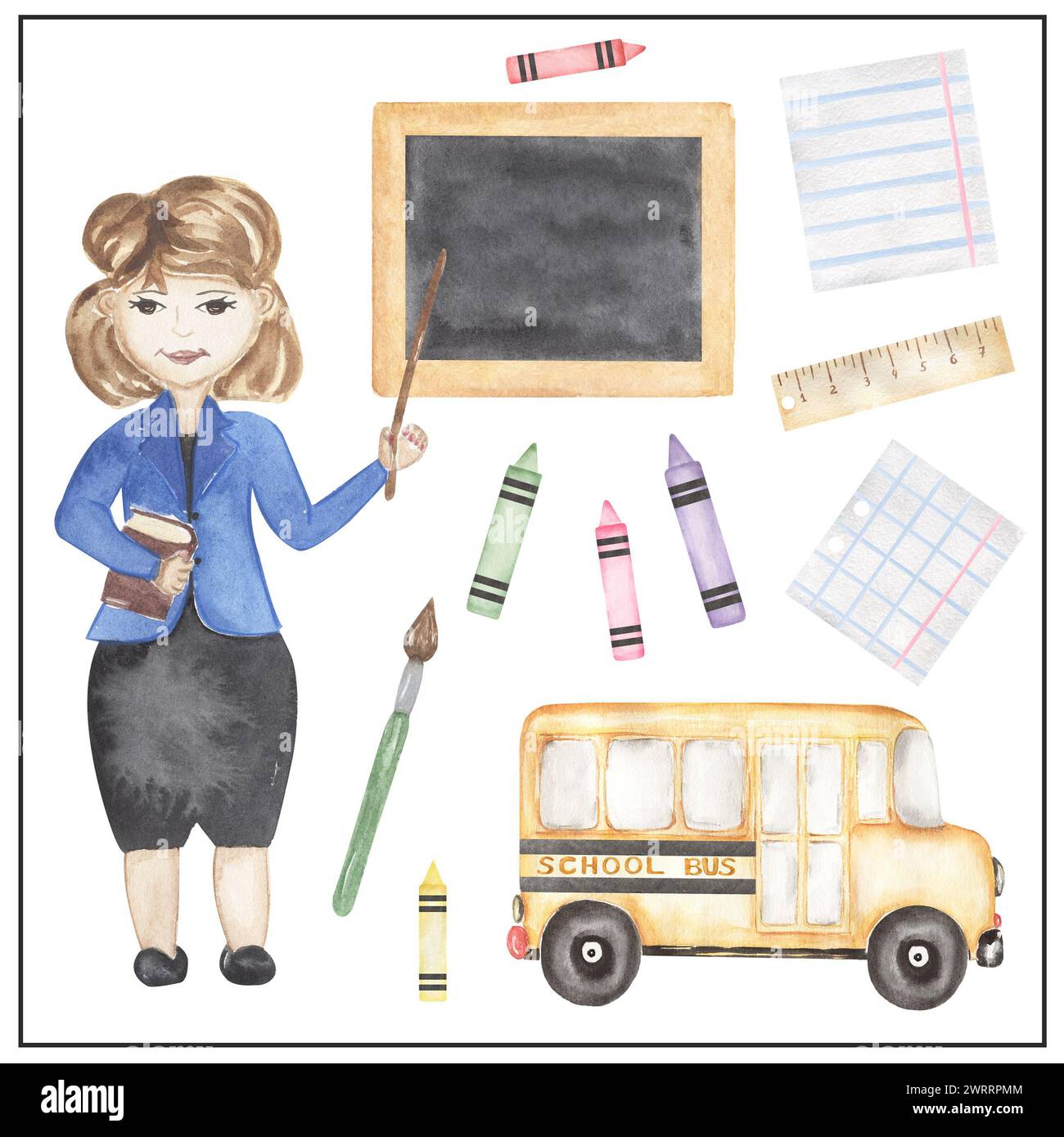 Watercolor teacher clipart, hand drawn illustration. teacher and school ...