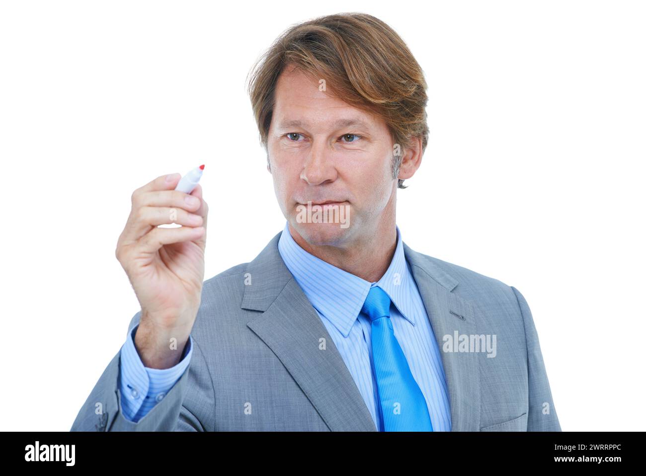 Businessman, writing and planning with marker for brainstorming or ...