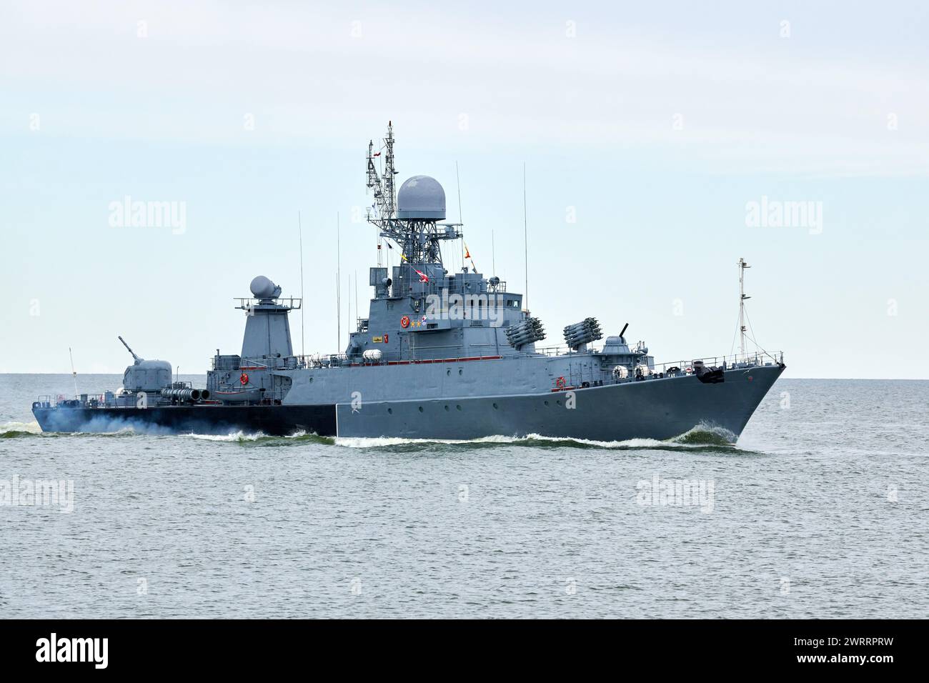 Russian warship armed with armament sails into sea toward military ...