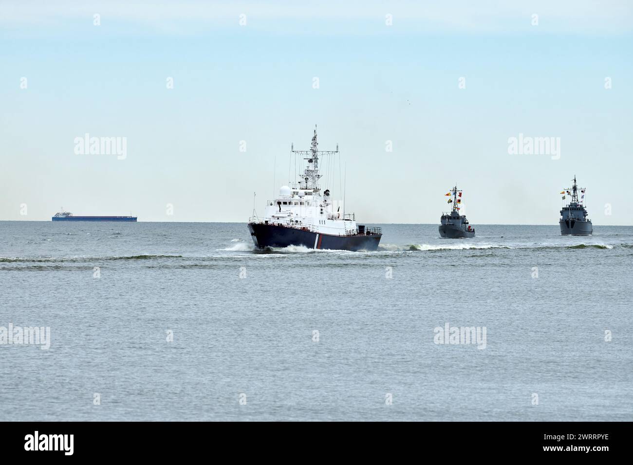 Flotilla of Russian warships sailing toward military target, armed ...