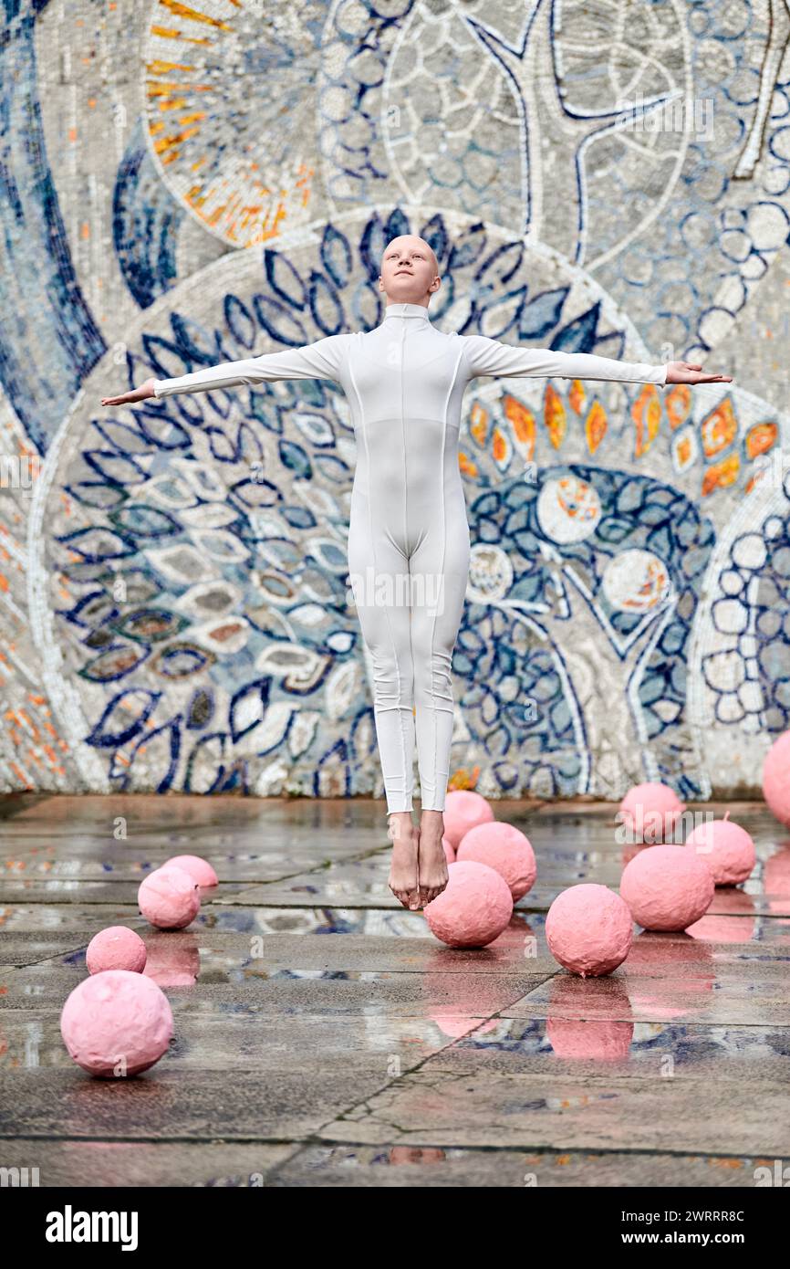 Young hairless girl ballerina with alopecia in white futuristic suit ...