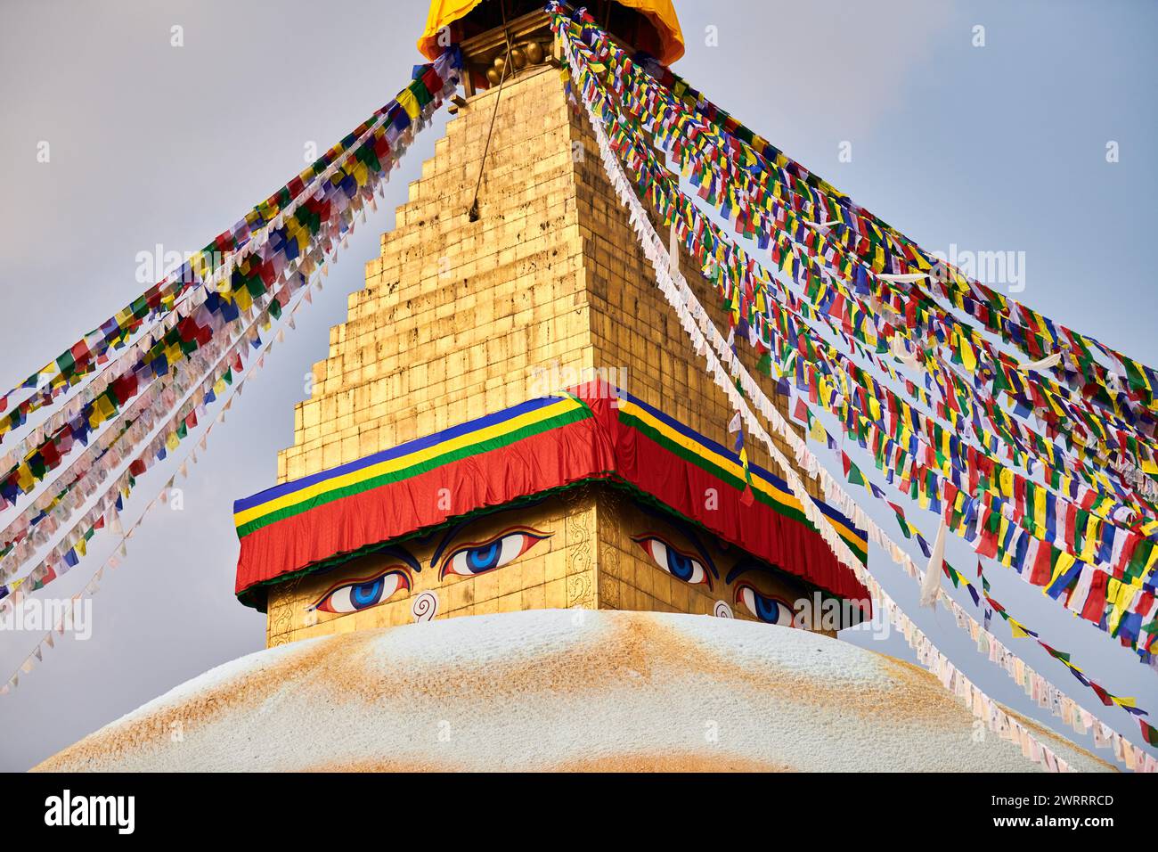 Boudhanath stupa in Kathmandu, Nepal decorated Buddha wisdom eyes and ...
