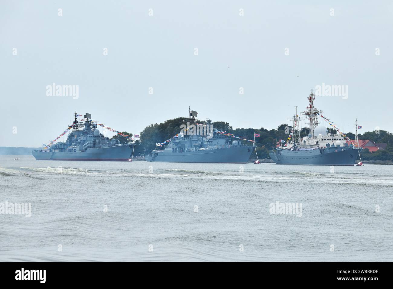 Military parade of Russian naval forces warships along coastline ...