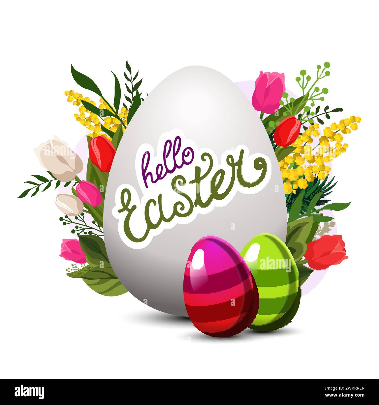 Vector white egg frame with text Hello Easter and with green leaves ...