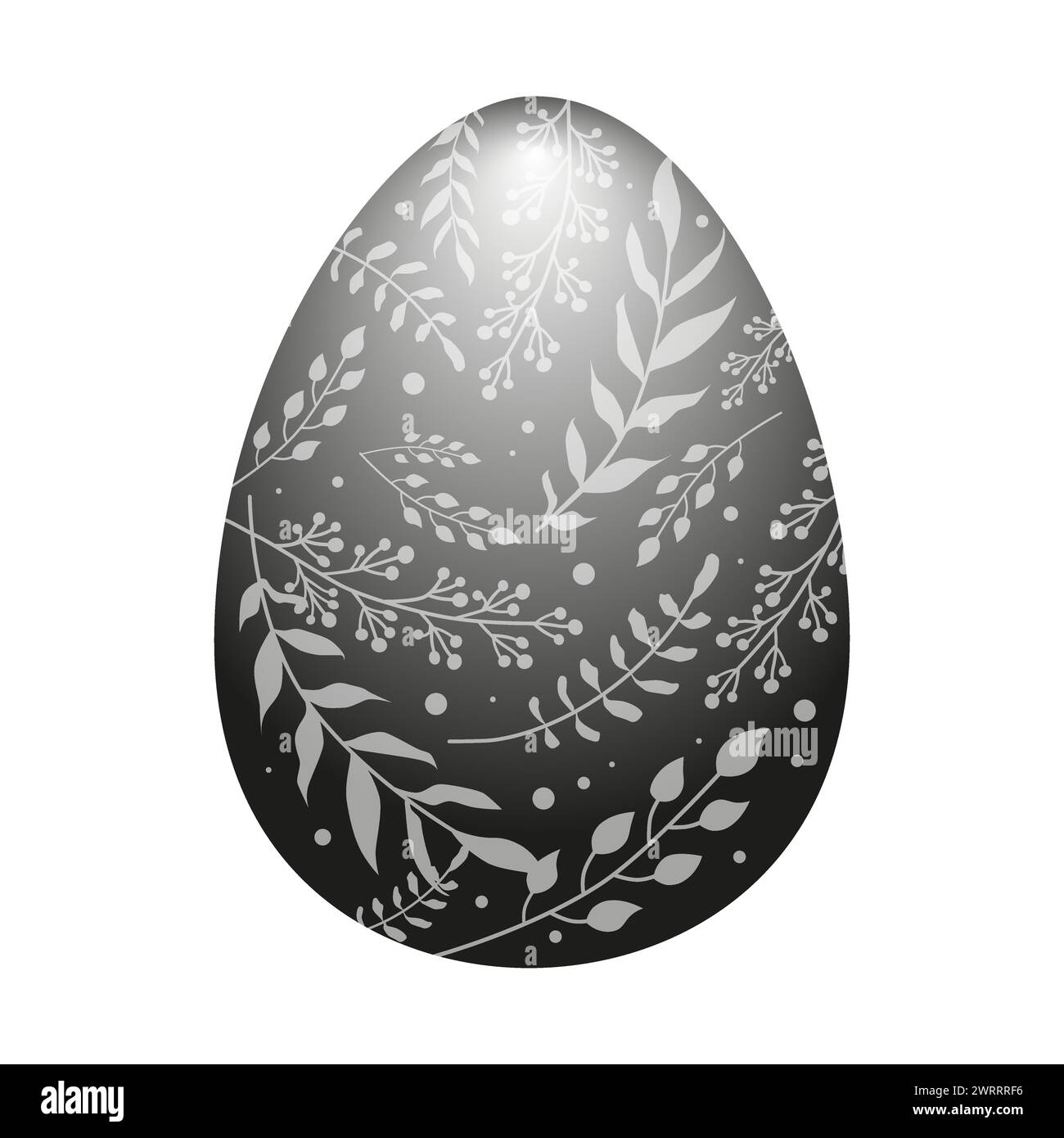 Black Easter egg with a pattern of white leaves and branches ...