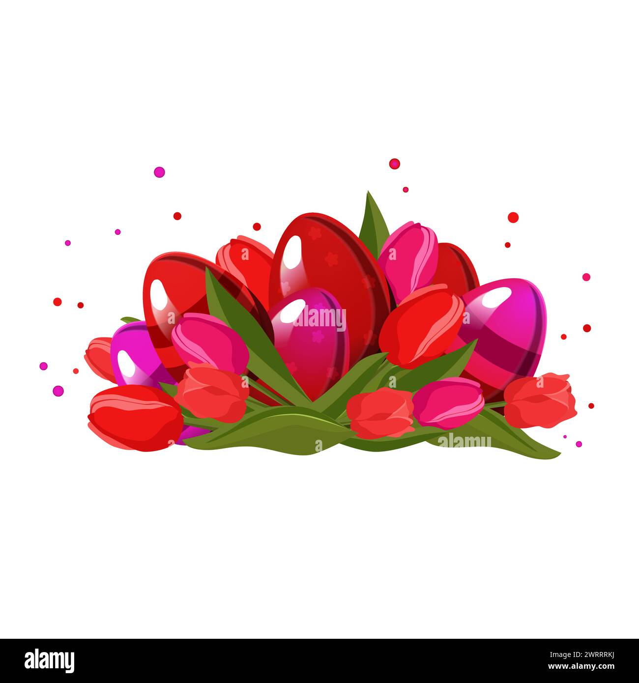 Red pink Easter striped eggs with tulips on white background ...
