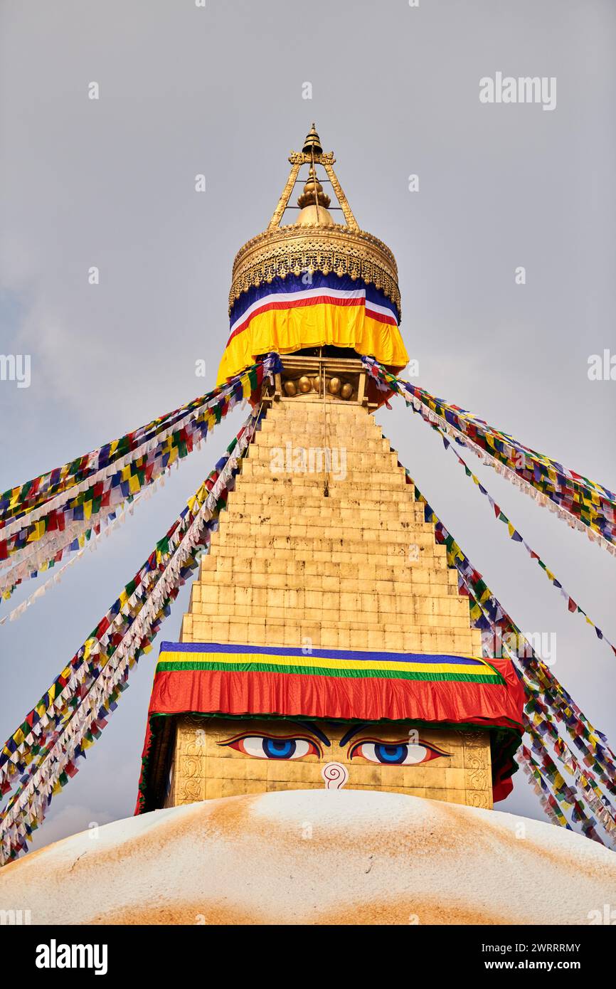 Boudhanath stupa in Kathmandu, Nepal decorated Buddha wisdom eyes and ...
