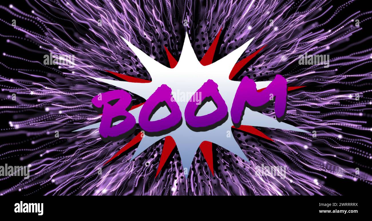 Image of retro boom purple text over star speech bubbles on black ...