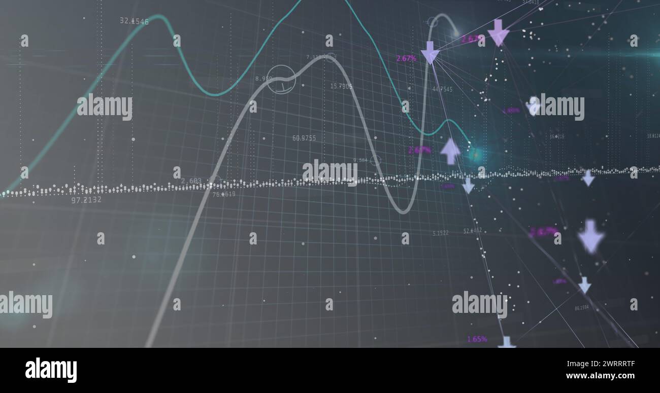 Image of lines and numbers changing, arrows and data processing over grid Stock Photo - Alamy