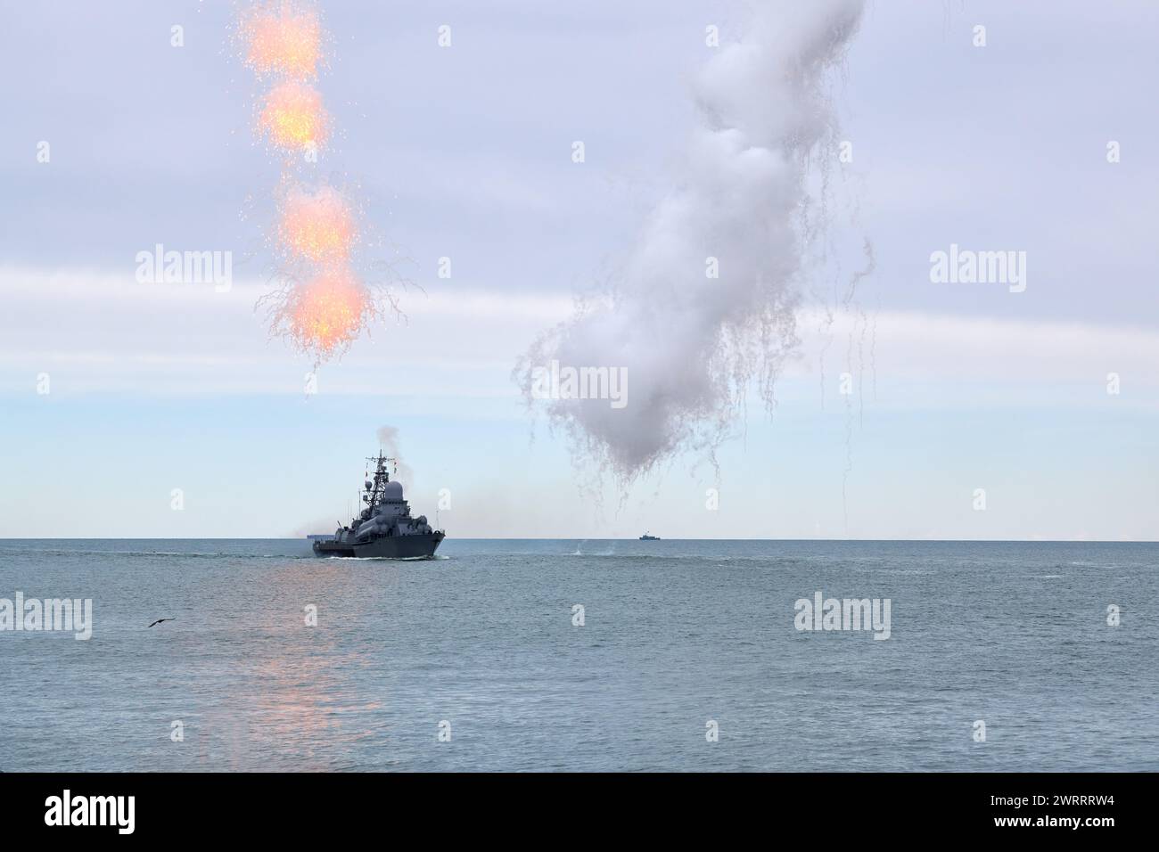 Russian warship fired decoy flares for self defense, sailing at sea ...