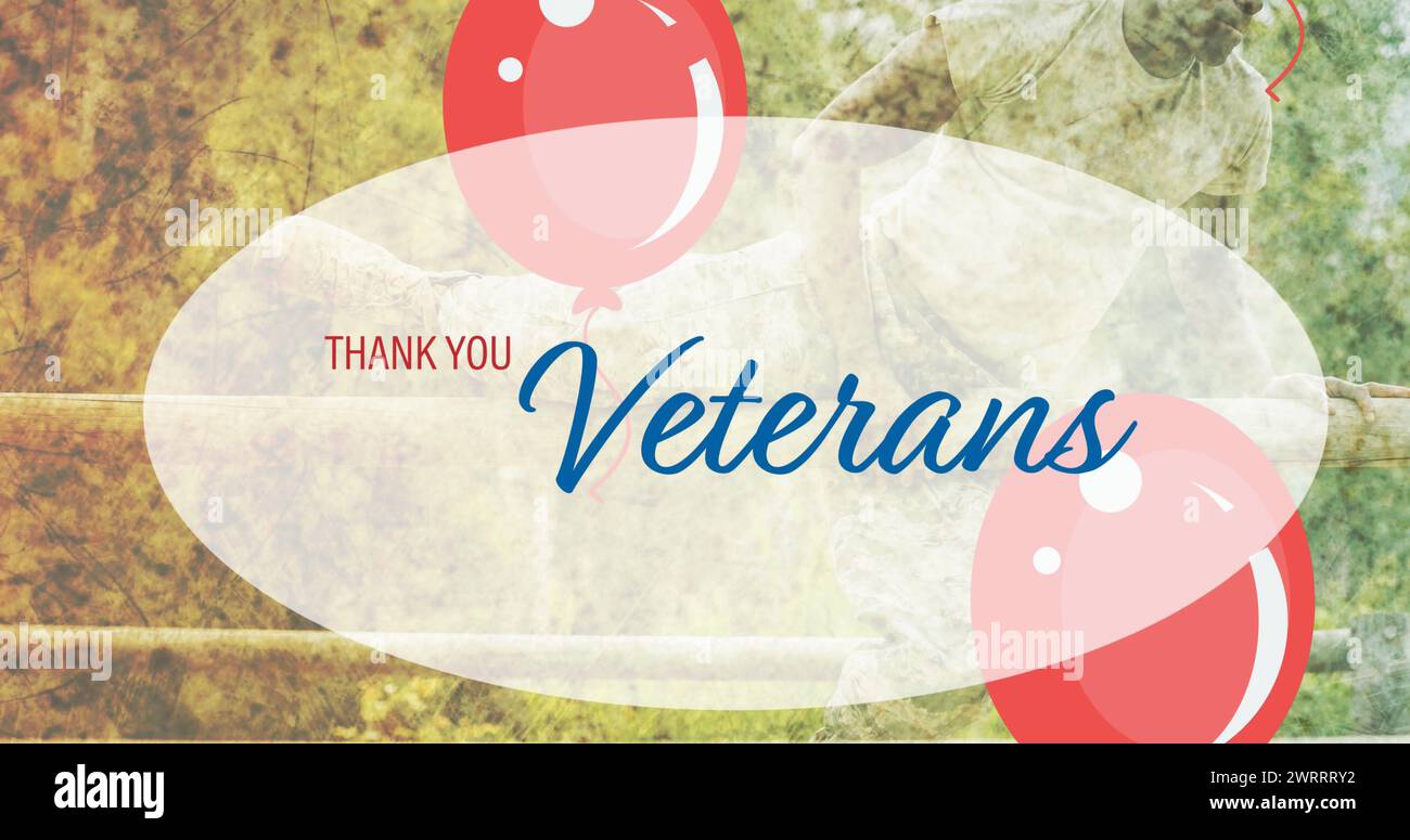 Composition of veterans day thank you text and red balloons, over male ...