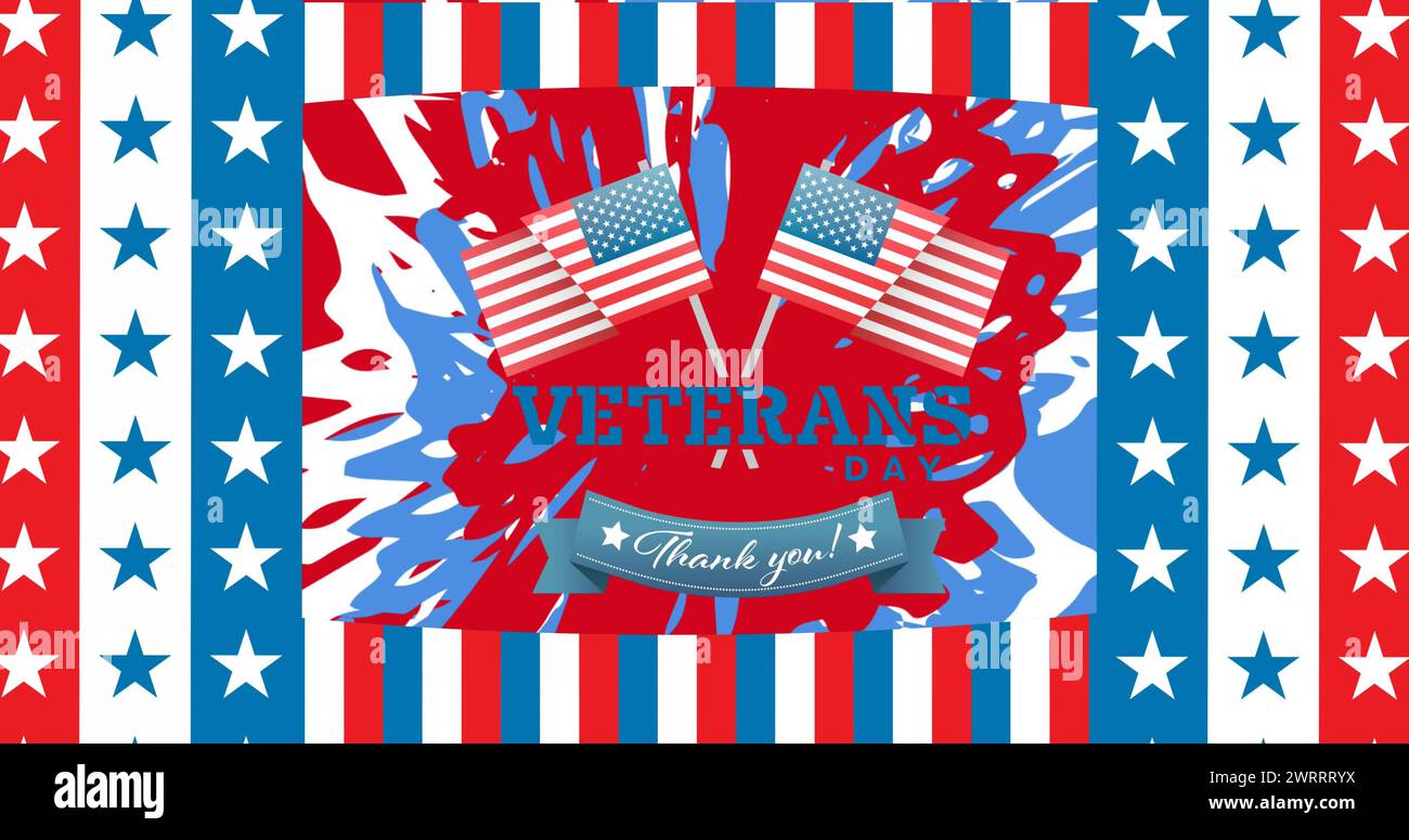 Image of veterans day thank you text with american flags, over stars ...