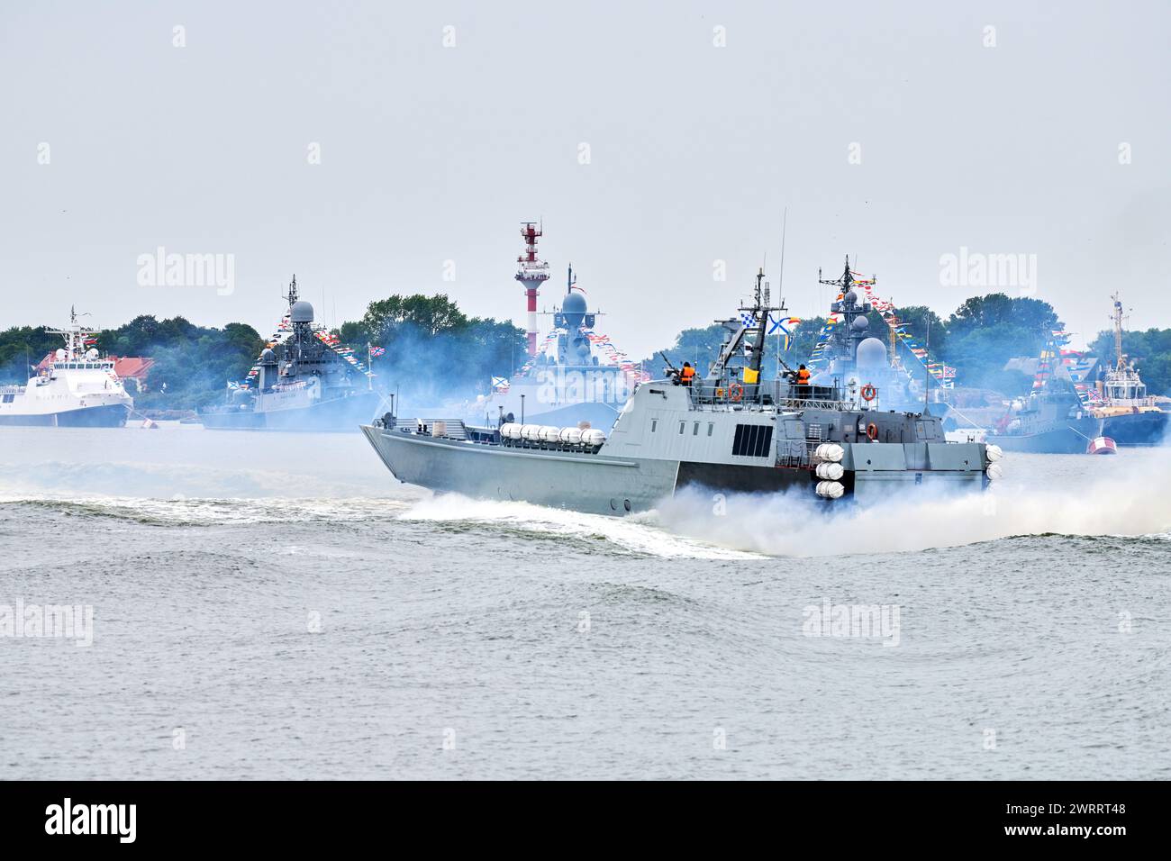 Military warship sailing along Russian naval forces parade warships ...