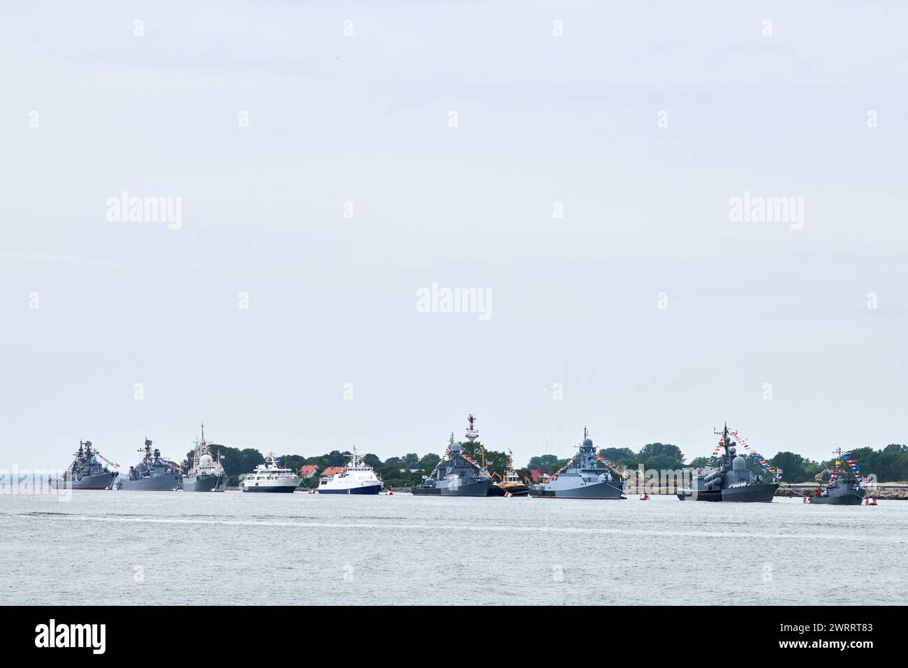 Military parade of Russian naval forces warships along coastline ...