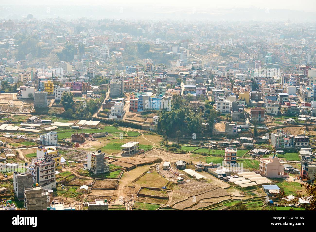 View of Kathmandu capital of Nepal from mountain through urban haze ...