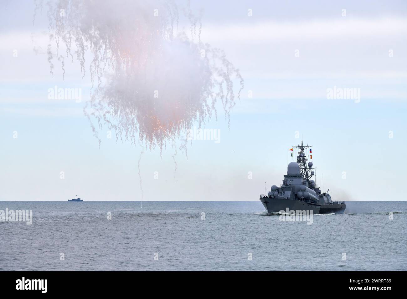 Russian warship fired decoy flares for self defense, sailing at sea ...