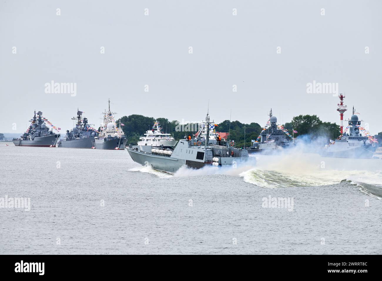 Military warship sailing along Russian naval forces parade warships ...
