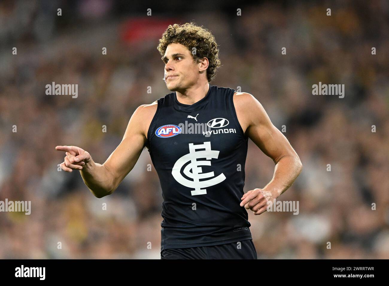 Melbourne, Australia. 14th Mar, 2024. Charlie Curnow of Carlton reacts ...