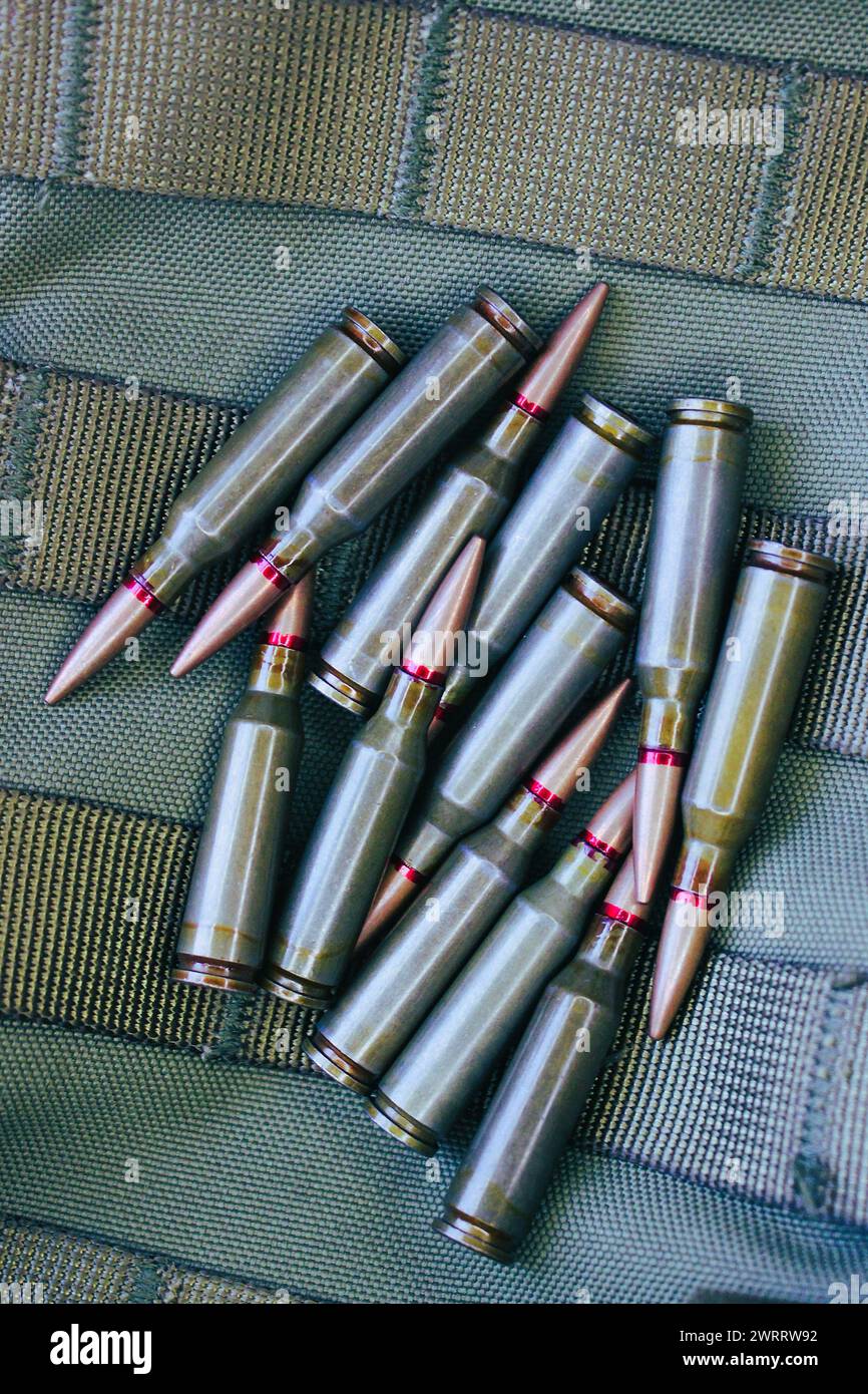 Heap Of Live Ammunition On Tactical Military Fabric With Threaded Belts ...