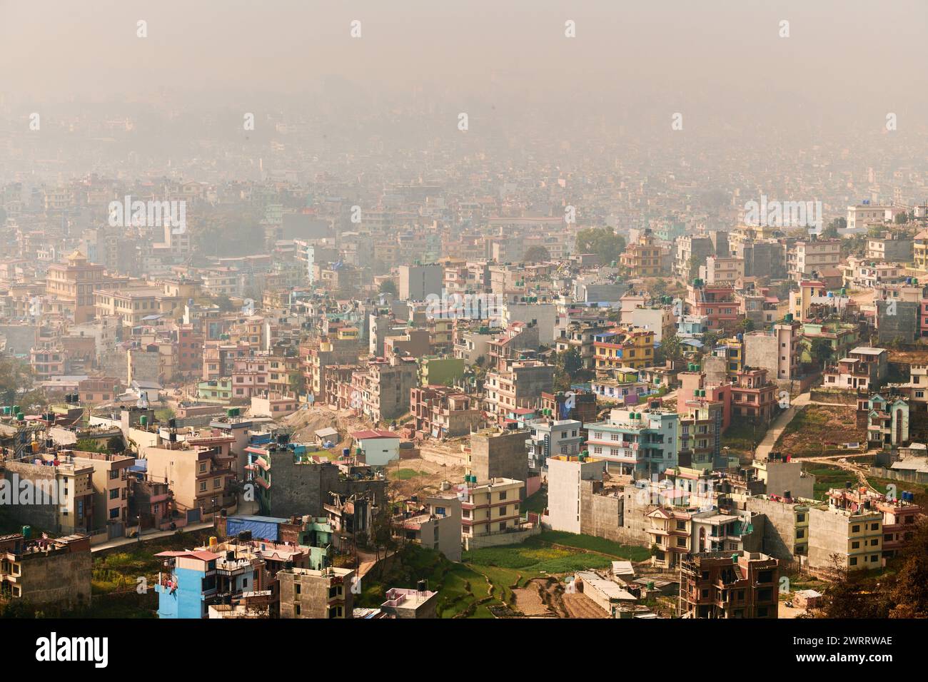 View of Kathmandu capital of Nepal from mountain through urban haze ...
