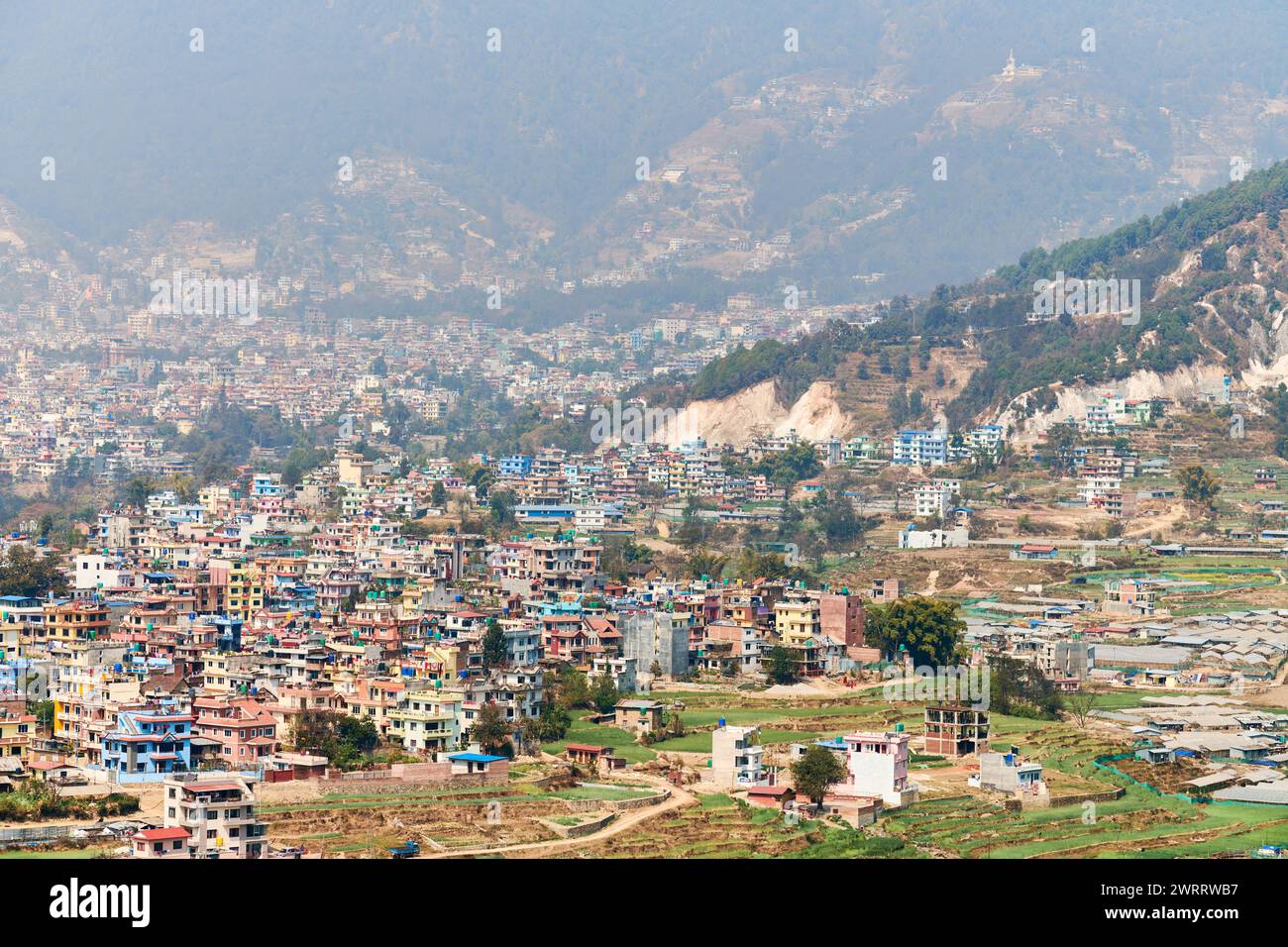 View of Kathmandu capital of Nepal from mountain through urban haze ...