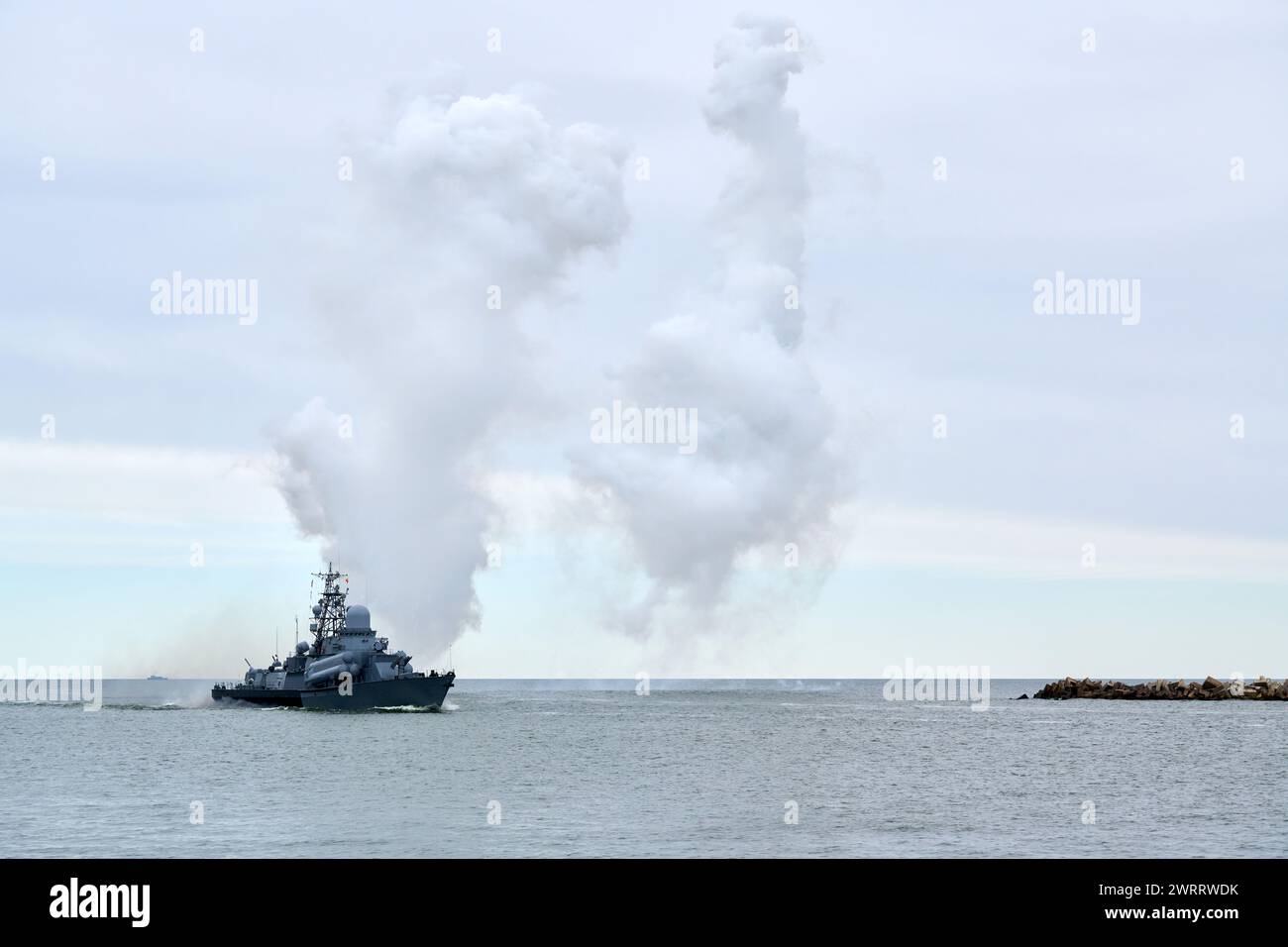 Russian warship fired decoy flares for self defense, sailing at sea ...