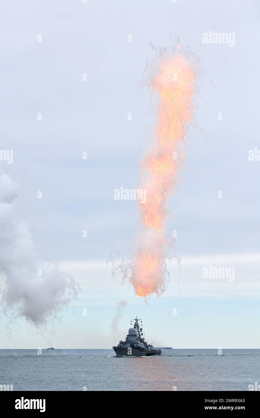 Russian warship fired decoy flares for self defense, sailing at sea ...
